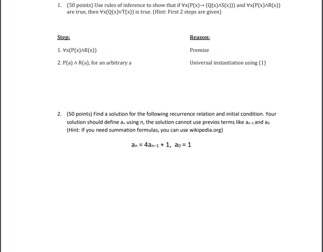 Solved 1. (50 points) Use rules of inference to show that if | Chegg.com