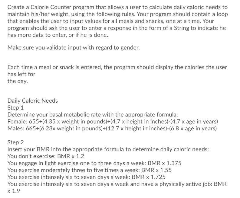 Using java, create a Calorie Counter program that | Chegg.com