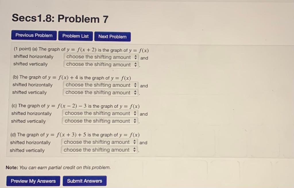 Solved (1 point) (a) The graph of y=f(x+2) is the graph of | Chegg.com Solved (1 point) (a) The graph of y=f(x+2) is the graph of | Chegg.com