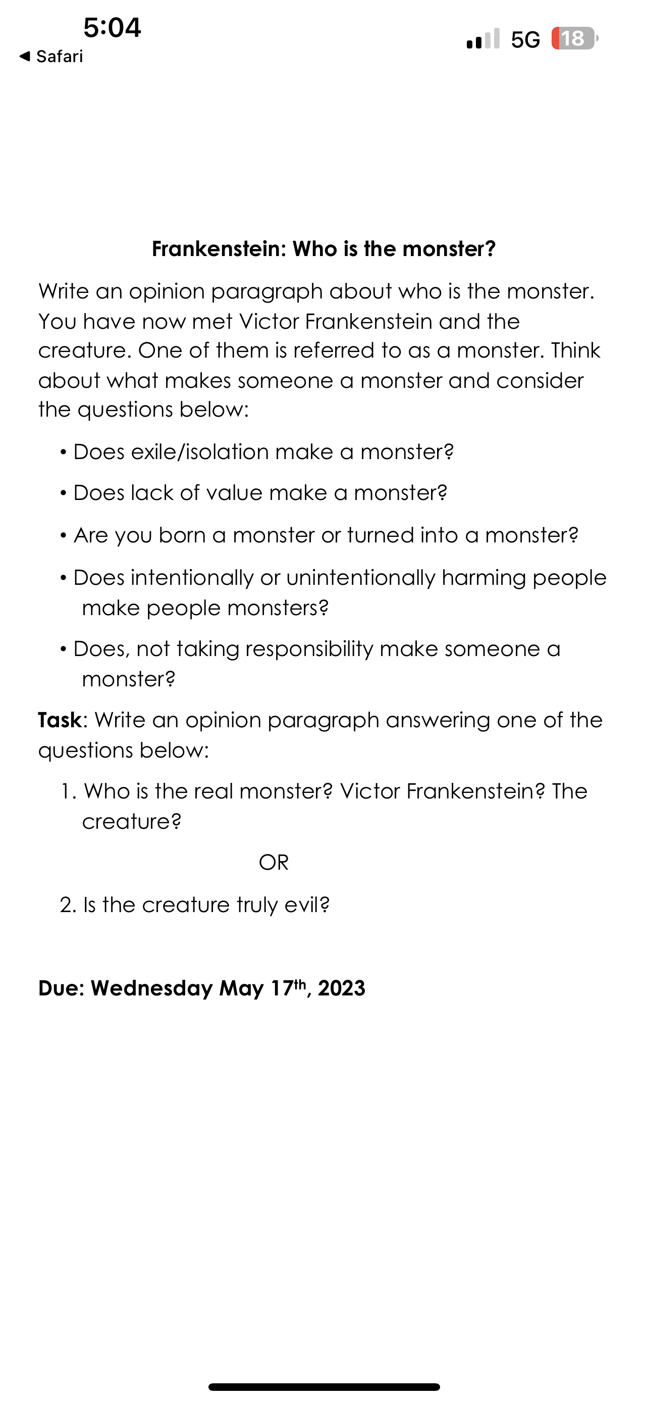 Frankenstein: Who is the monster? Write an opinion | Chegg.com