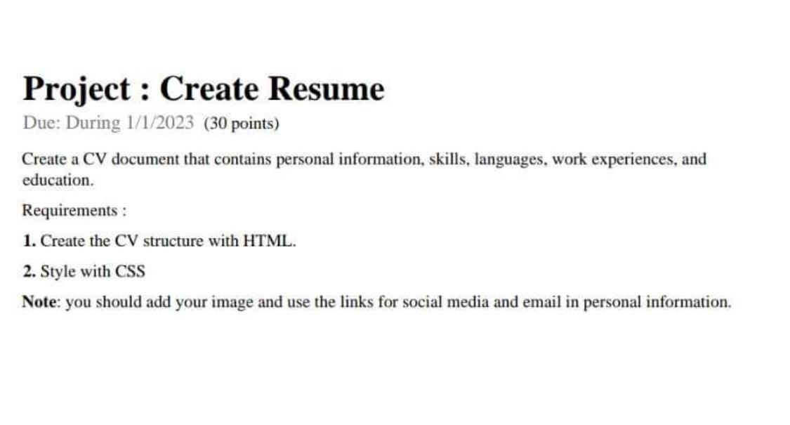 Solved Project : Create Resume Due: During 1/1/2023 (30 | Chegg.com