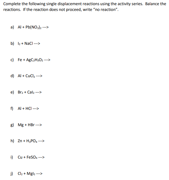 Solved Complete the following single displacement reactions | Chegg.com