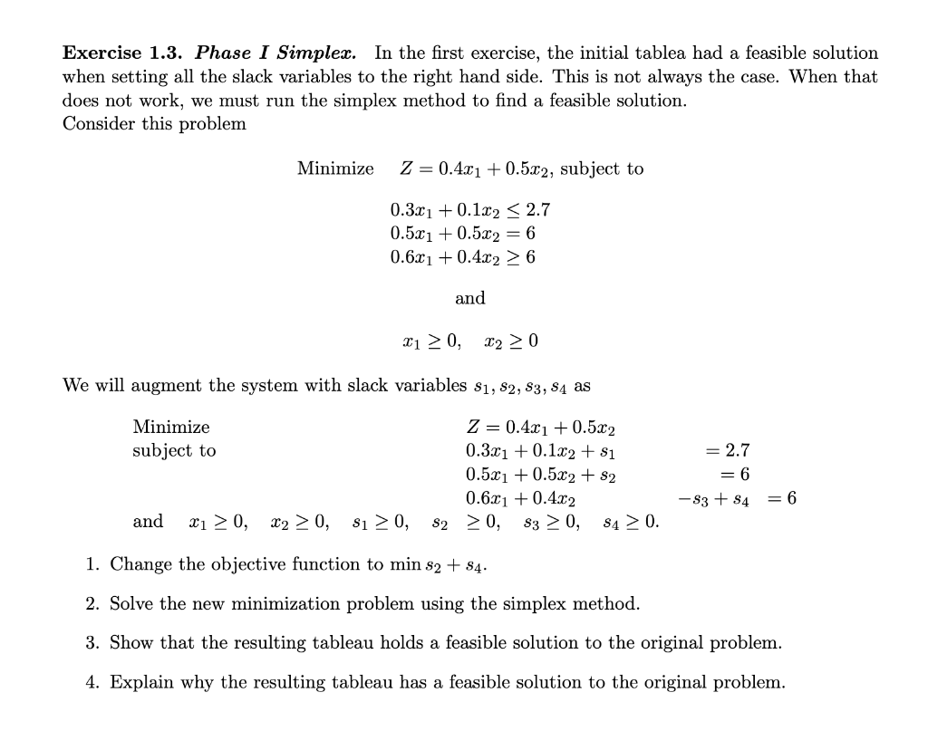 Solved Exercise 1.3. Phase I Simplex. In the first exercise, | Chegg.com