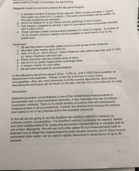 Determination of Protein Concentration by dye binding | Chegg.com