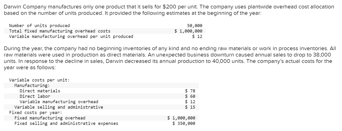 Darwin Company manufactures only one product that it | Chegg.com