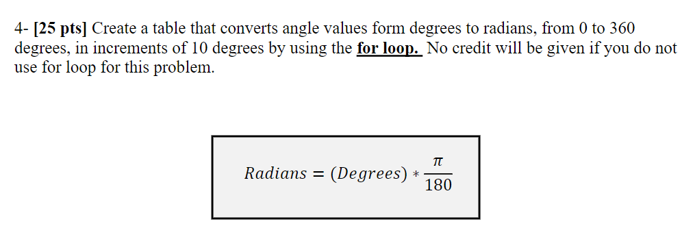 Solved 4- [25 pts] Create a table that converts angle values | Chegg.com