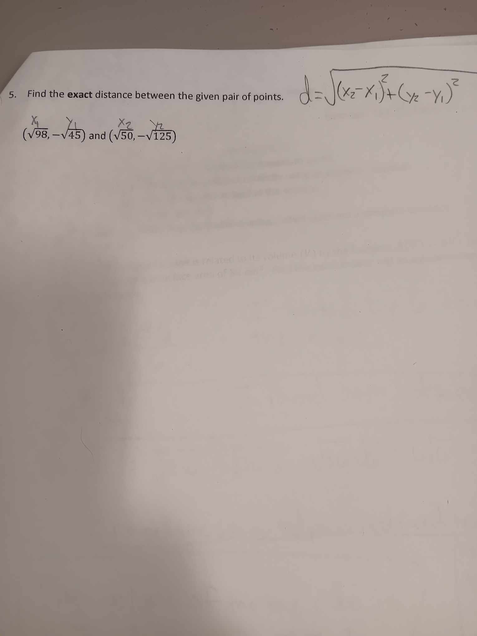 Solved 5. Find the exact distance between the given pair of | Chegg.com