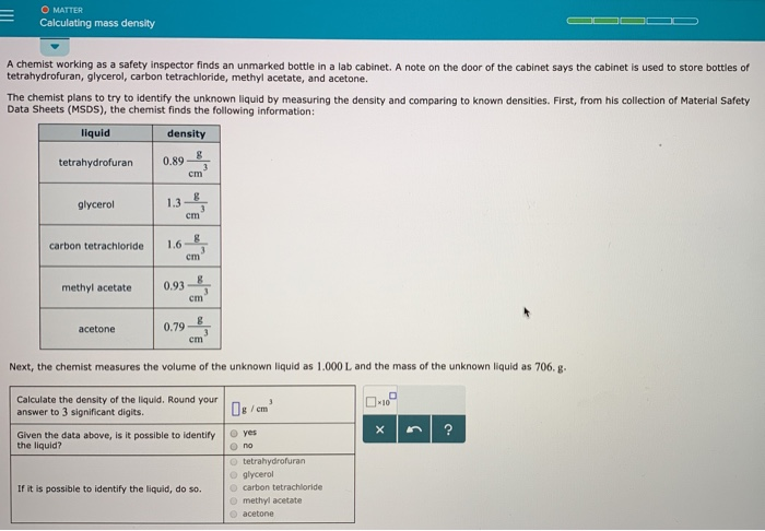 Solved O MATTER Calculating mass density A chemist working | Chegg.com