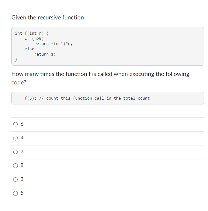 Solved Given the recursive function int f( int n){ if (n>θ) | Chegg.com