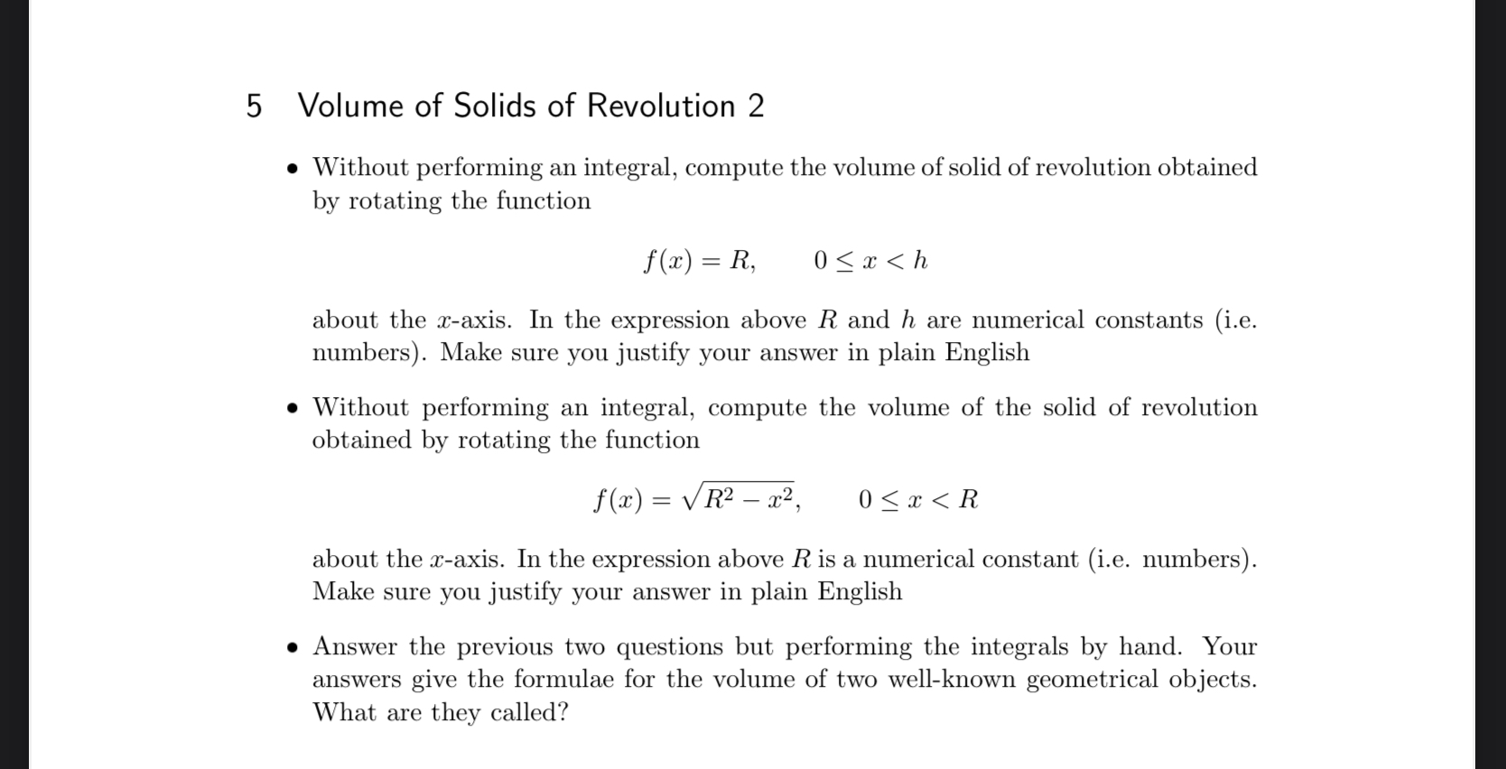 Solved 5 Volume of Solids of Revolution 2 - Without | Chegg.com