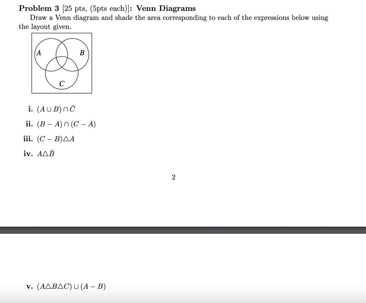 Solved Problem 3 [25 pts, (5pts each)]: Venn Diagrams Draw a | Chegg.com