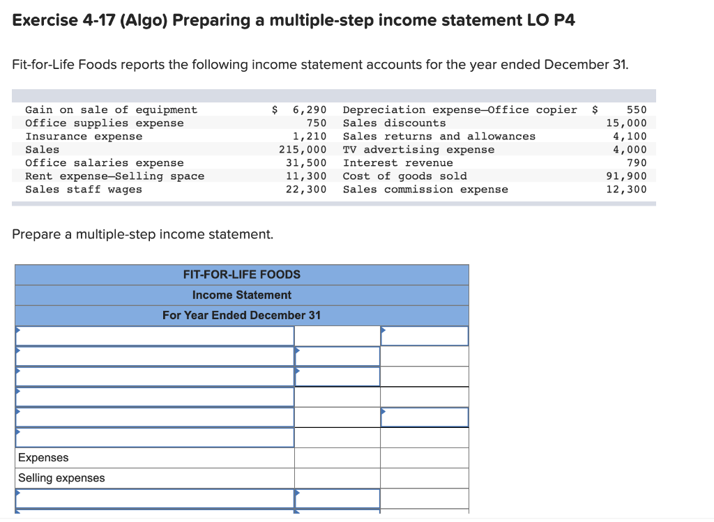 Solved Exercise 4-17 (Algo) Preparing a multiple-step income | Chegg.com