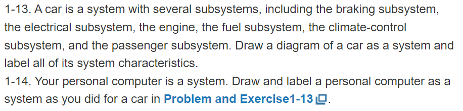 Solved 1-13. A car is a system with several subsystems, | Chegg.com