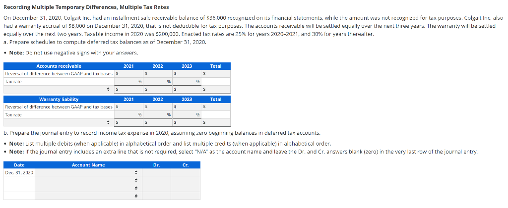 Recording Multiple Temporary Differences, Multiple | Chegg.com