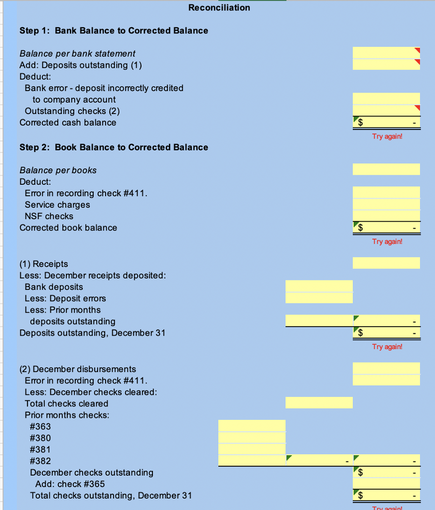 Solved Reconciliation Step 1: Bank Balance to Corrected | Chegg.com