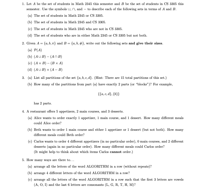 Solved 1. Let A be the set of students in Math 2345 this | Chegg.com