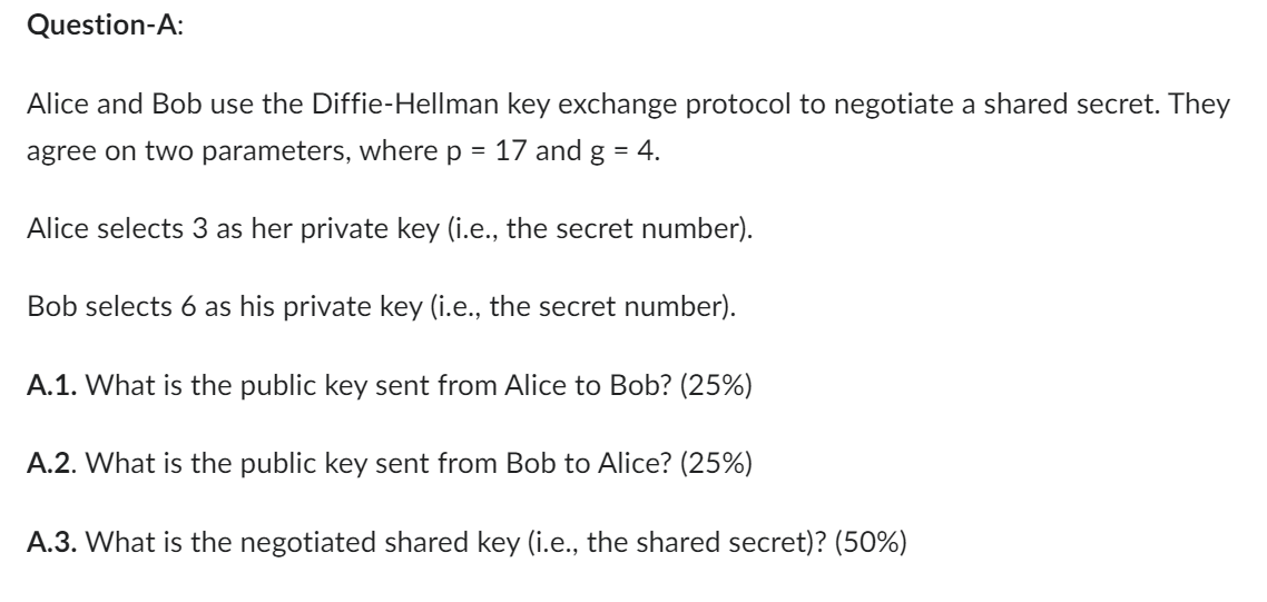 Solved Alice and Bob use the Diffie-Hellman key exchange | Chegg.com