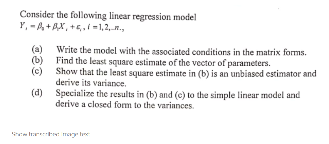 Solved Consider the following linear regression model Y = P | Chegg.com