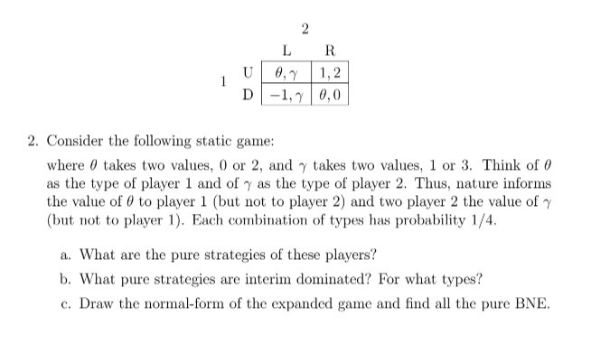 Solved 2. Consider the following static game: where θ takes | Chegg.com