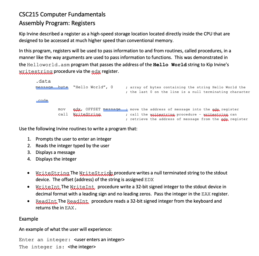 CSC215 Computer Fundamentals Assembly Program: | Chegg.com