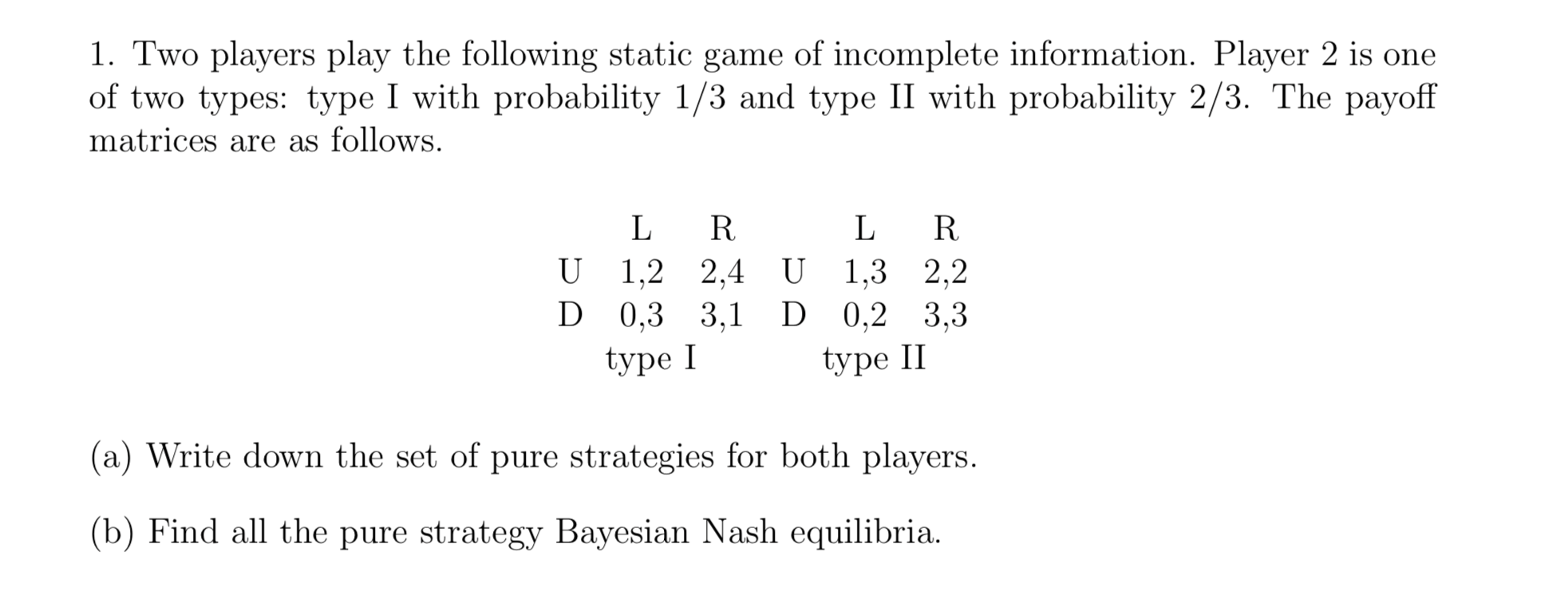 Solved 1. Two players play the following static game of | Chegg.com
