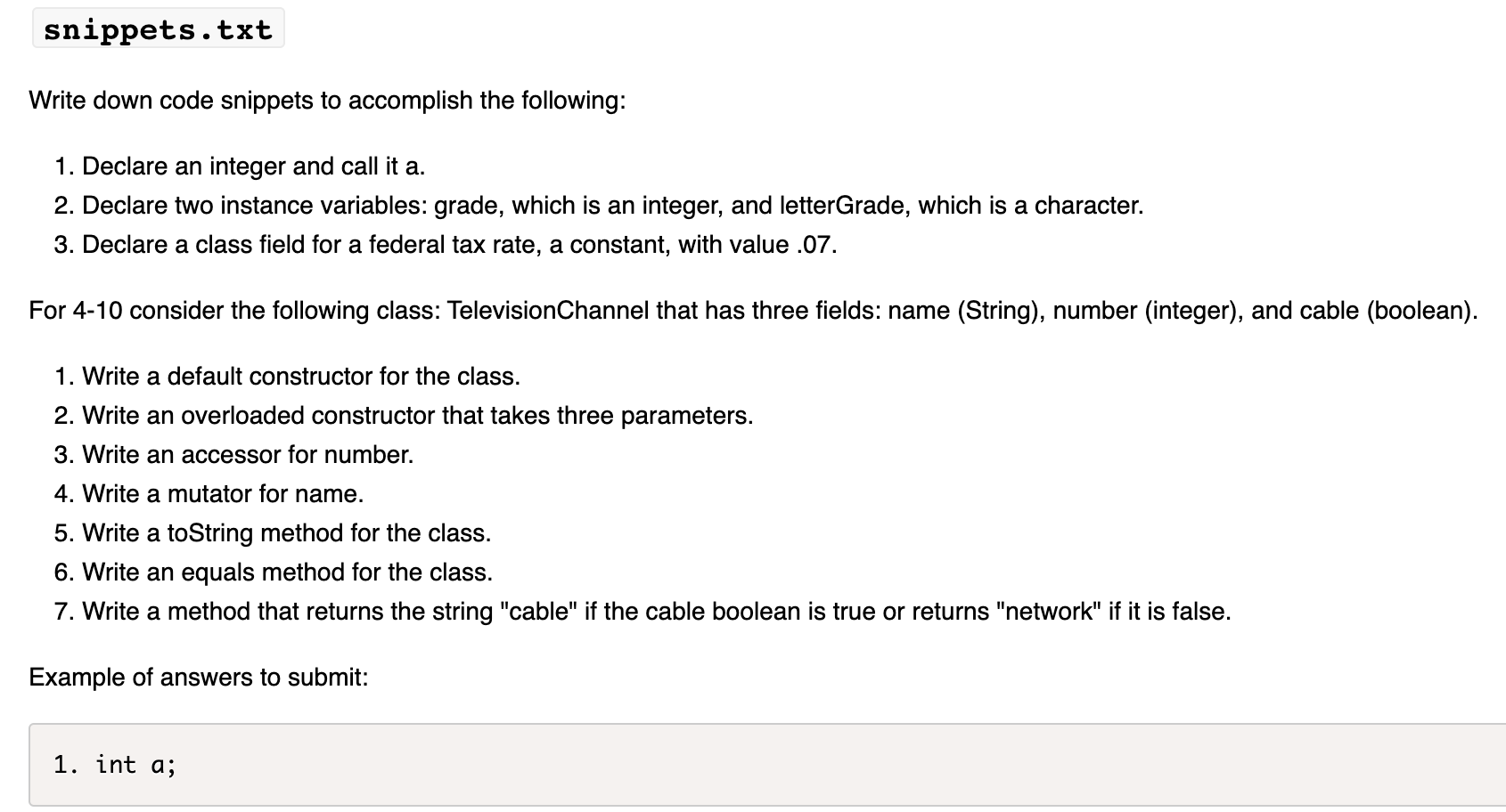Solved snippets.txt Write down code snippets to accomplish | Chegg.com