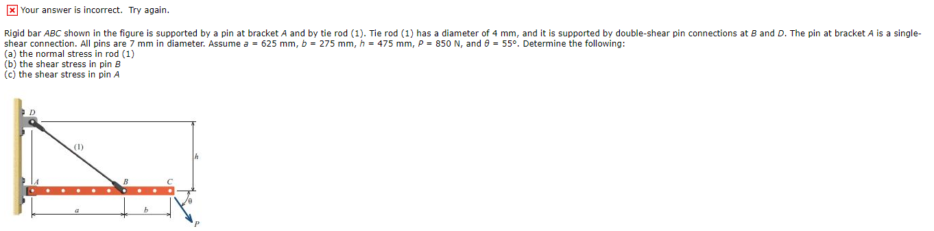 Solved x Your answer is incorrect. Try again. Rigid bar ABC | Chegg.com
