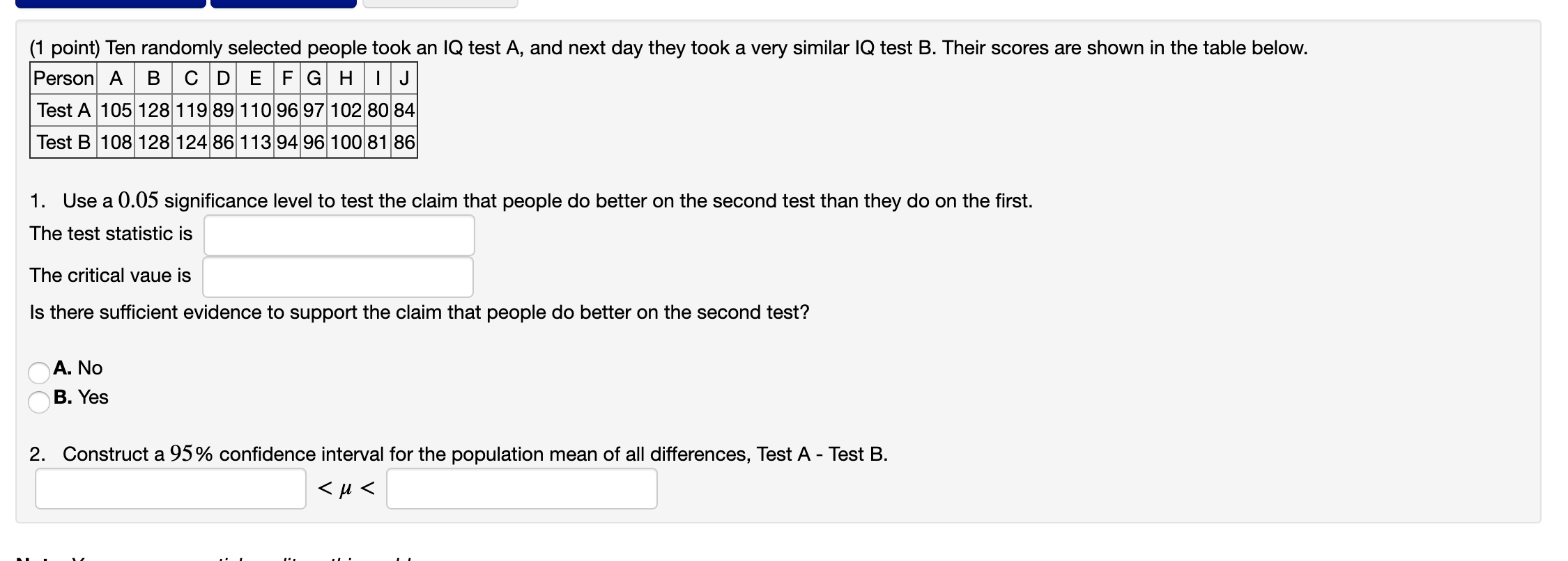Solved (1 point) Ten randomly selected people took an IQ | Chegg.com