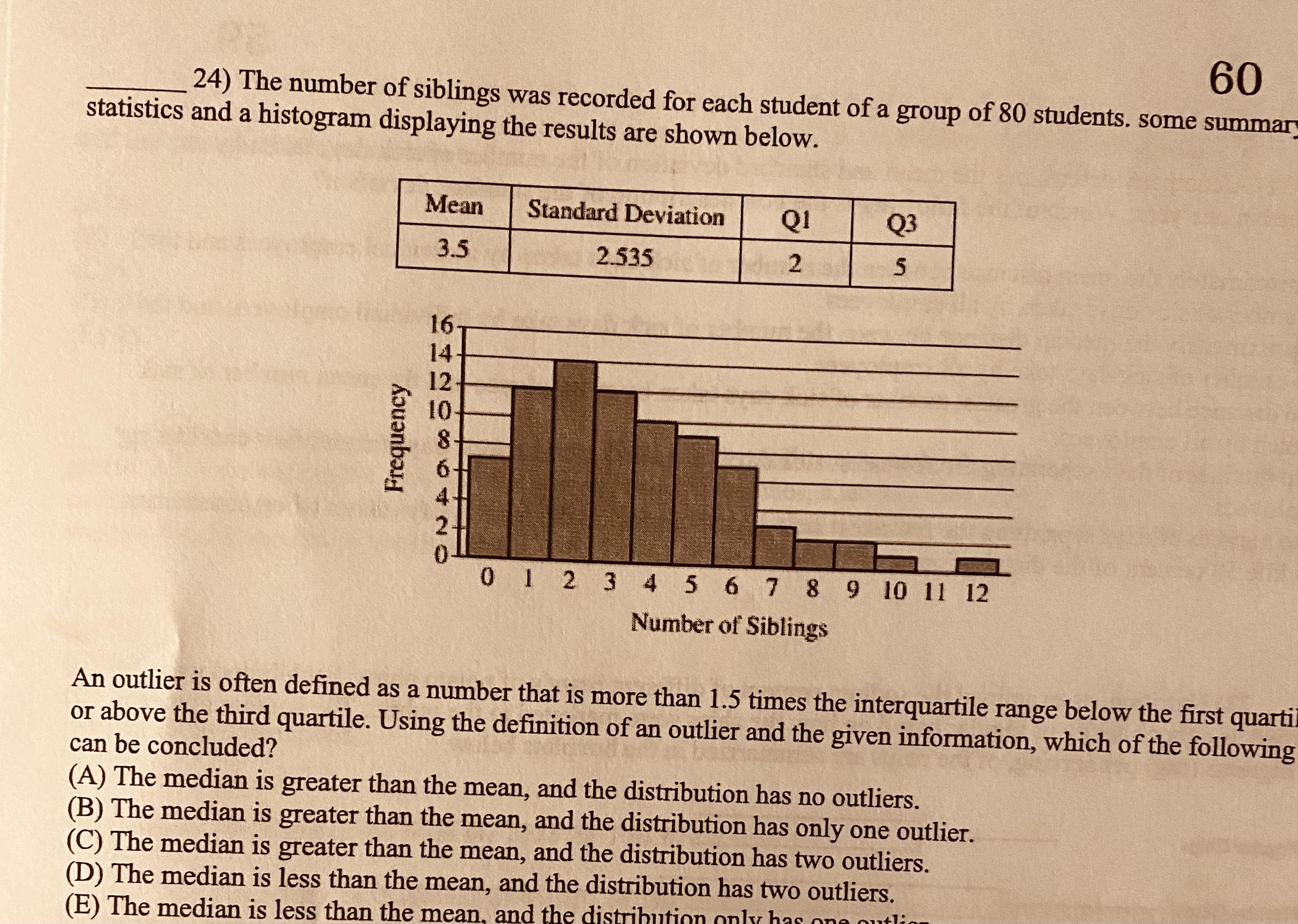 Solved 24) The number of siblings was recorded for each | Chegg.com
