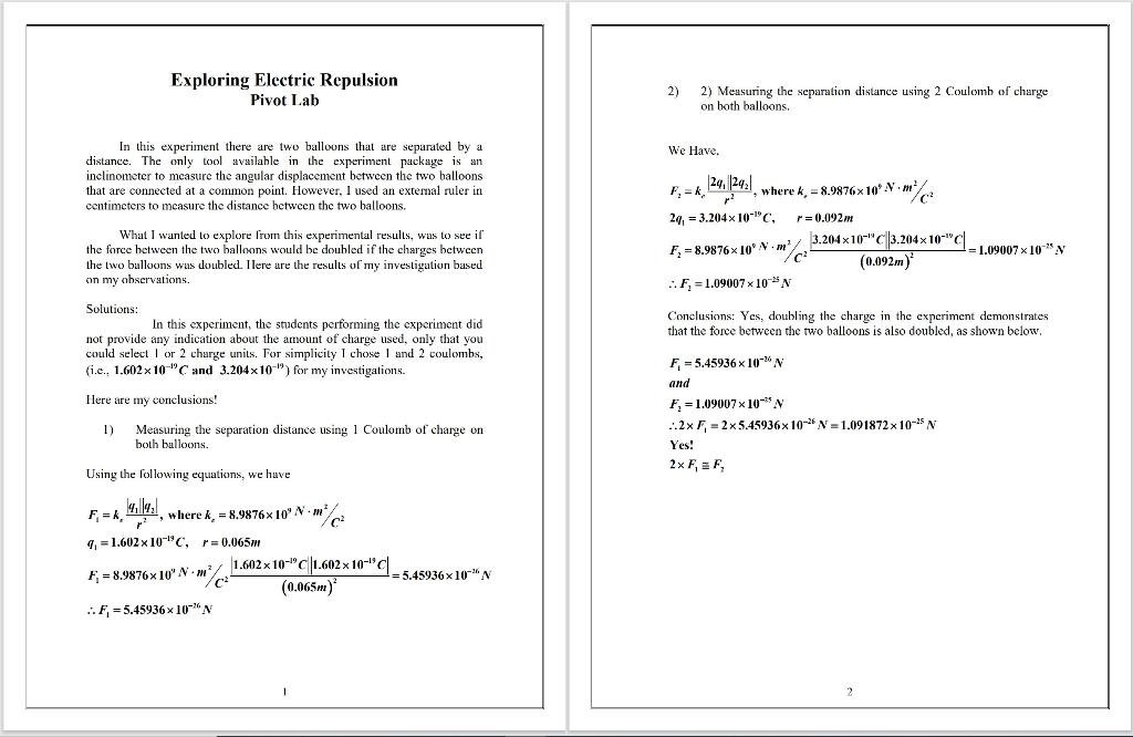 Solved Exploring Electric Repulsion Pivot Lab 2) 2) | Chegg.com