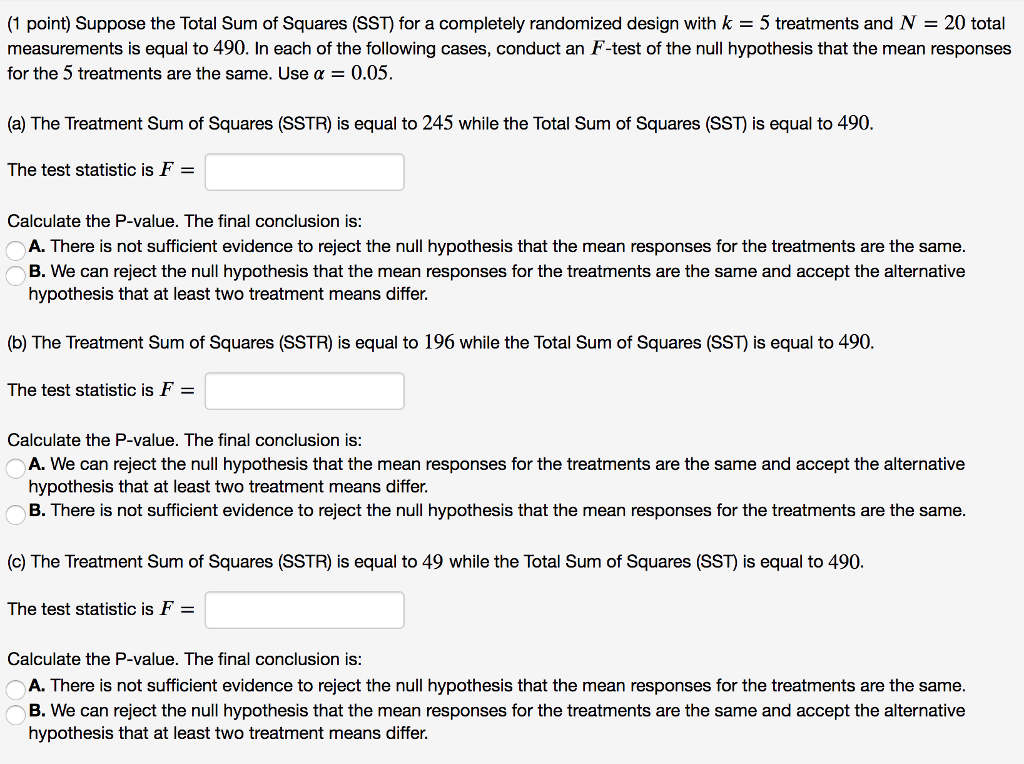 Solved (1 point) Suppose the Total Sum of Squares (SST) for | Chegg.com