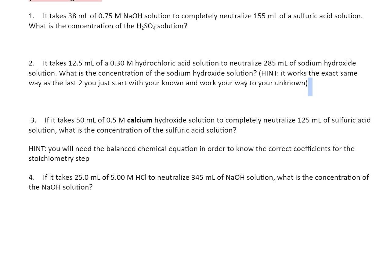 Solved 1. It takes 38 mL of 0.75MNaOH solution to completely | Chegg.com