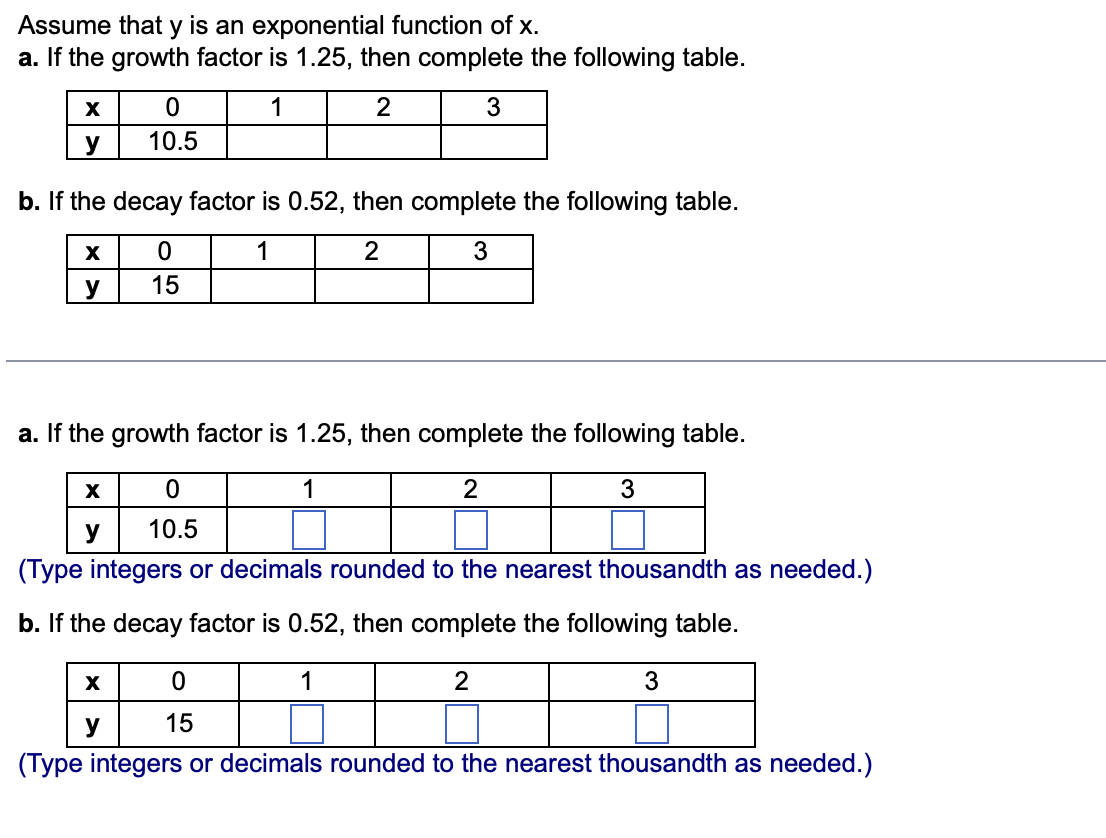 Solved Assume that y is an exponential function of x. a. If | Chegg.com