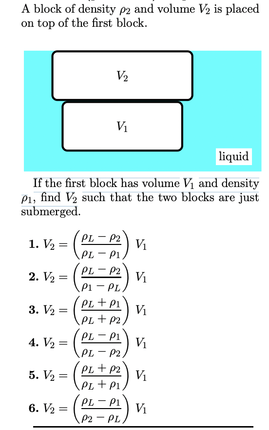 Solved A block of density ρ2 and volume V2 is placed on top | Chegg.com