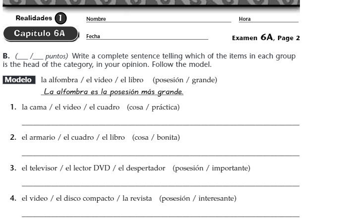 Nombre Hora Realidades Capitulo 6A Fecha Examen 6A, | Chegg.com
