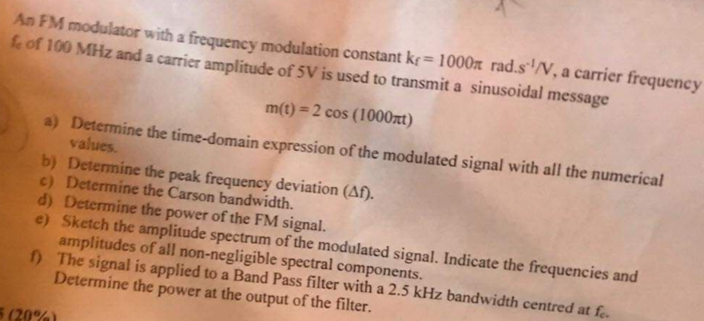 Solved An FM modulator with a frequency modulation constant | Chegg.com