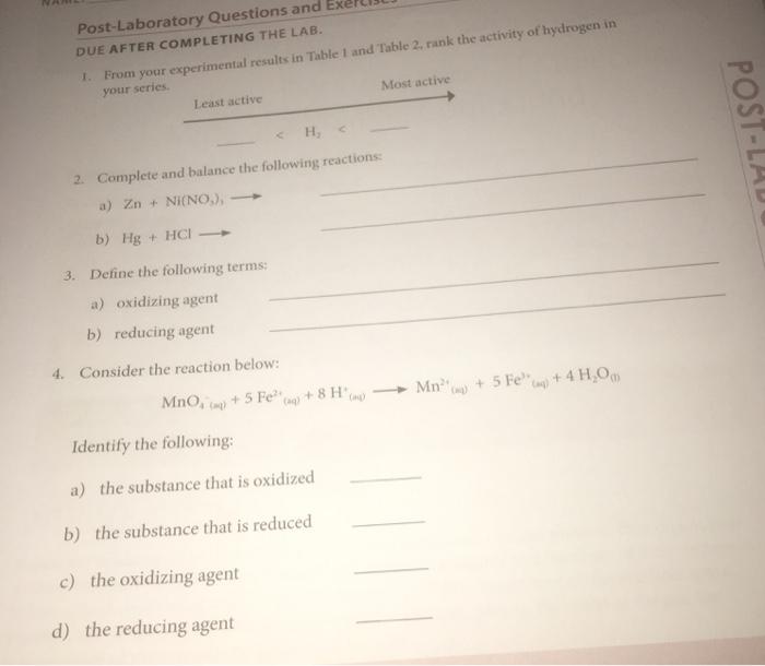 Solved Post-Laboratory Questions and Ex DUE AFTER COMPLETING | Chegg.com