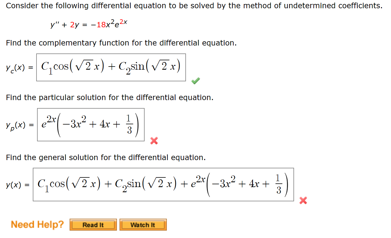 Solved y′′+2y=−18x2e2x Find the complementary function for | Chegg.com