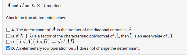 Solved A and B are n×n matrices. Check the true statements | Chegg.com