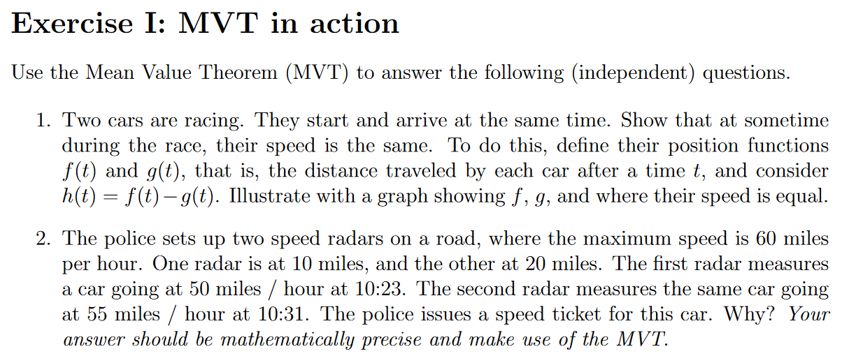 Solved Exercise I: MVT in action Use the Mean Value Theorem | Chegg.com