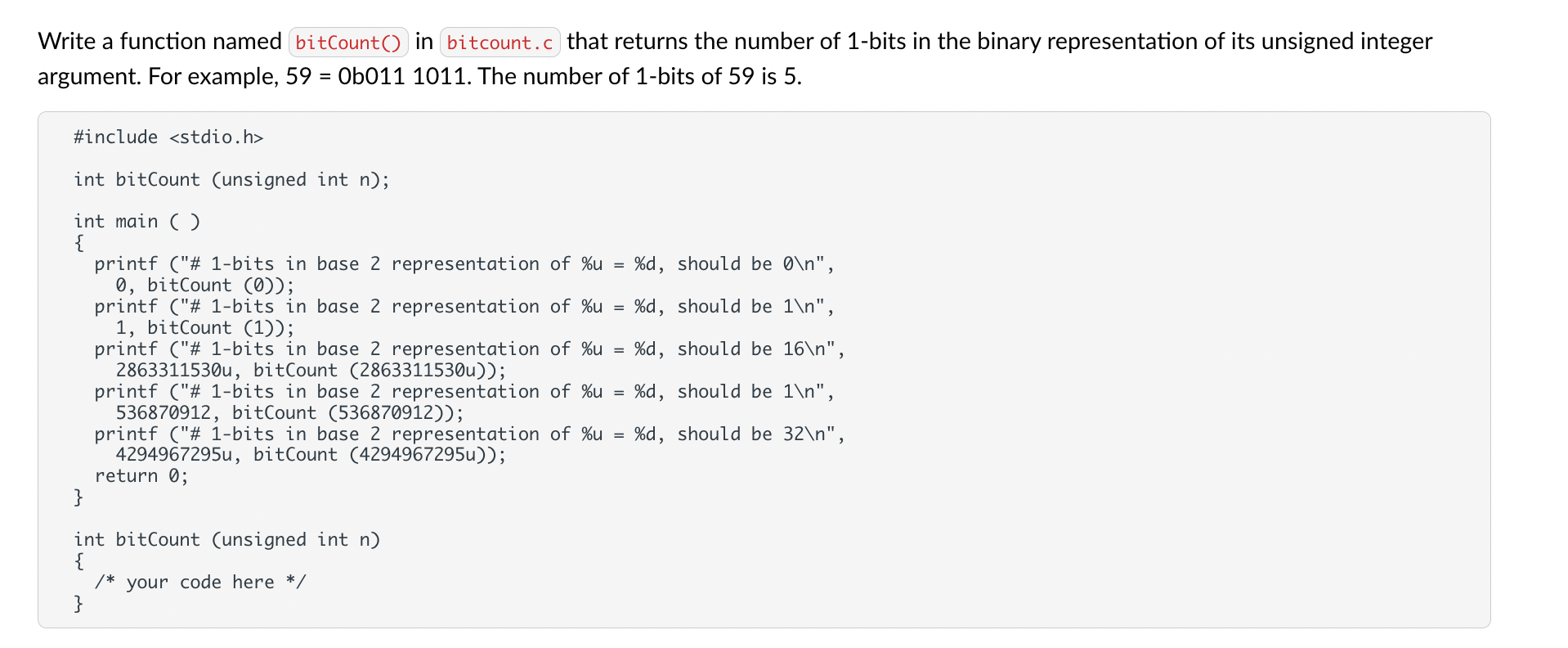 Solved Write a function named bitCount() in that returns the | Chegg.com