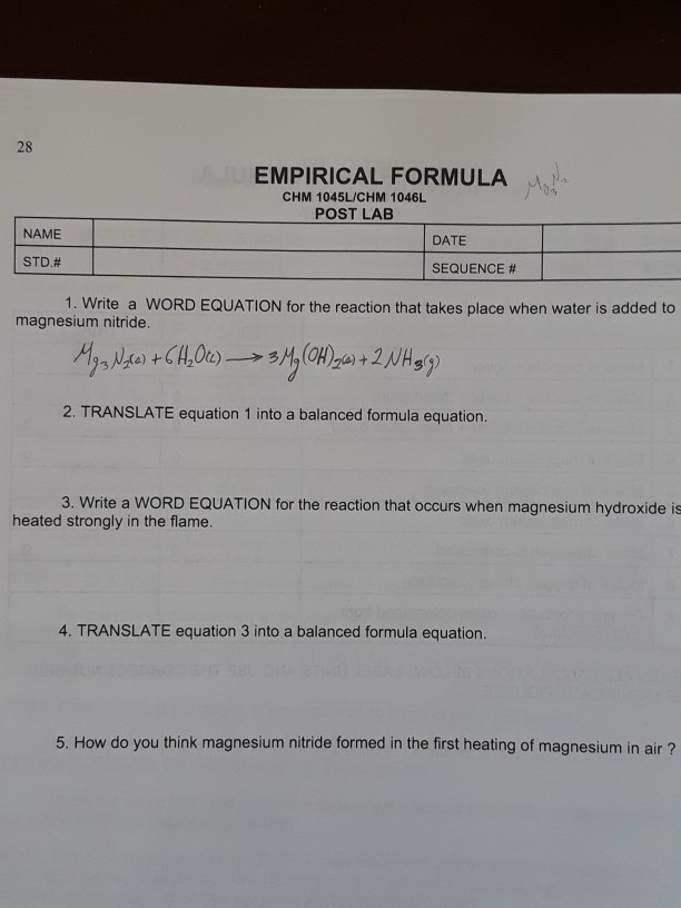 Solved 28 EMPIRICAL FORMULA 1a CHM 1045L/CHM 1046L POST LAB | Chegg.com