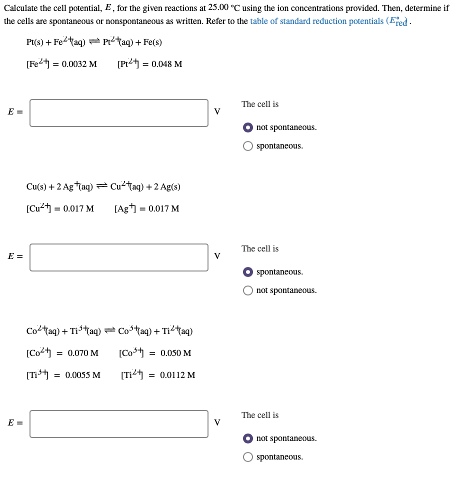 Solved Calculate The Cell Potential E For The Given