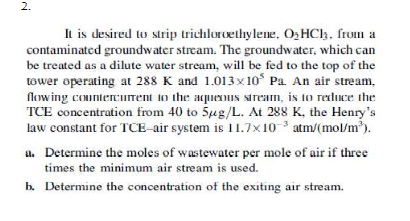 Solved 2. It is desired to strip trichloroethylene, OHC, | Chegg.com