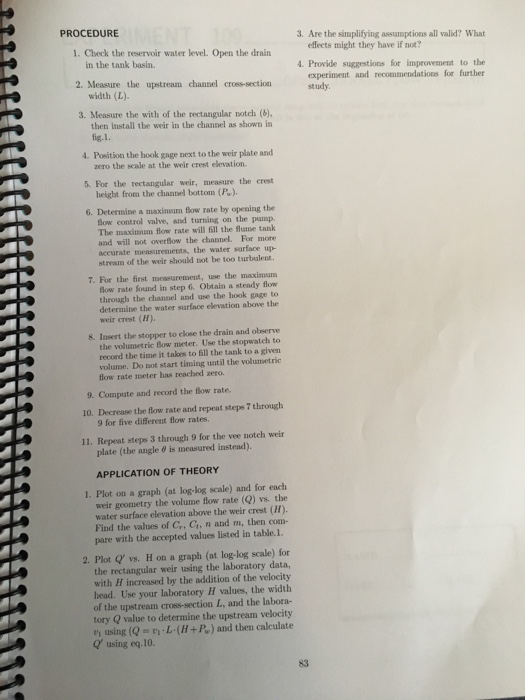 EXPERIMENT 109 OPEN CHANNEL FLOW water flow in open | Chegg.com