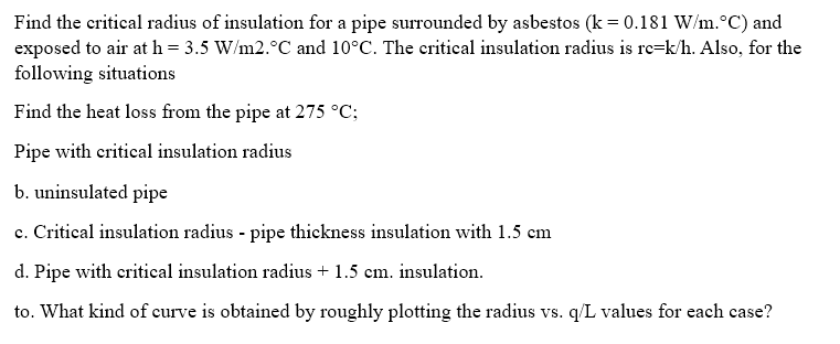 Find the critical radius of insulation for a pipe | Chegg.com