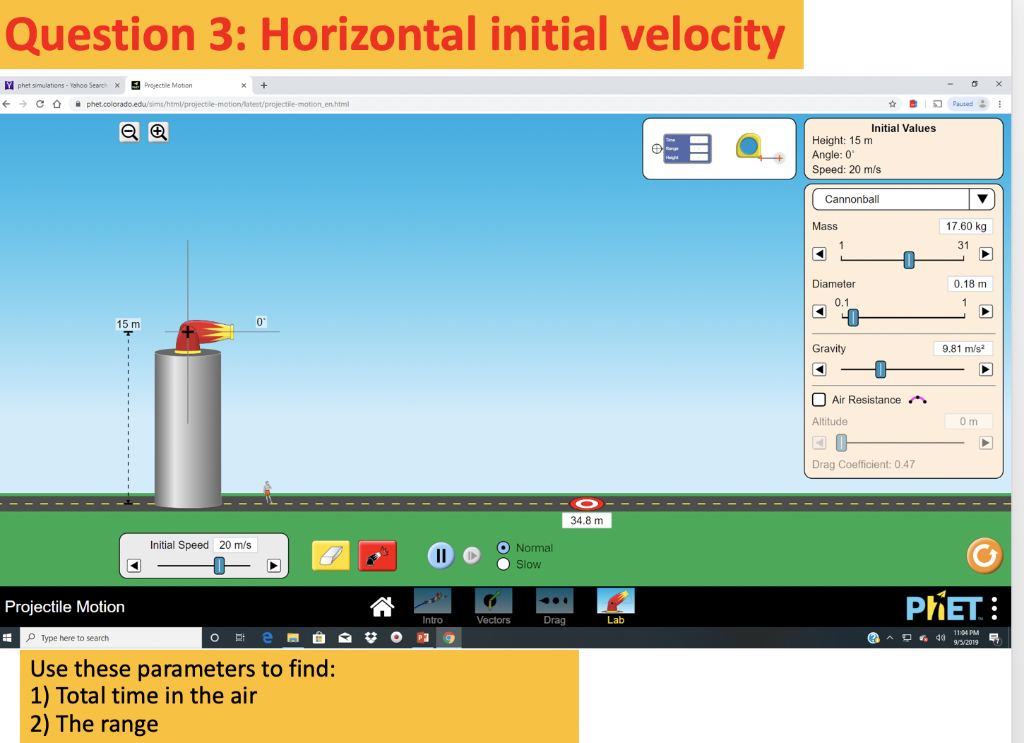 Solved Question 3: Horizontal initial velocity Y phet | Chegg.com