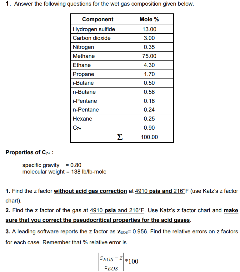 Solved 1. Answer the following questions for the wet gas | Chegg.com