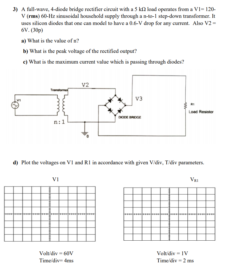 Solved 3) A full-wave, 4-diode bridge rectifier circuit with | Chegg.com