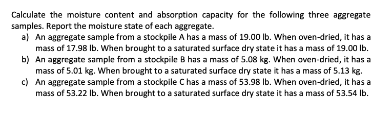Solved Calculate the moisture content and absorption | Chegg.com